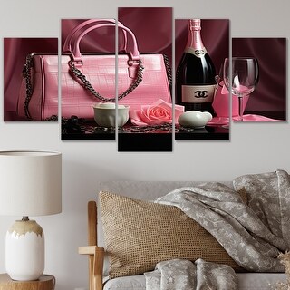 Designart "Pink Fashion Bag & Champagne IV" Fashion Multipanel Wall Art Print set - Bed Bath ...